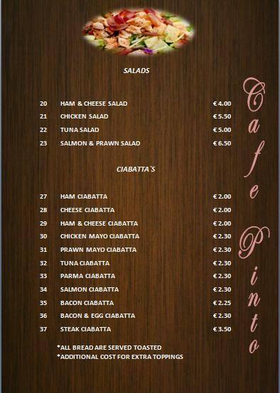 Menu at Cafe Pinto, San Gwann
