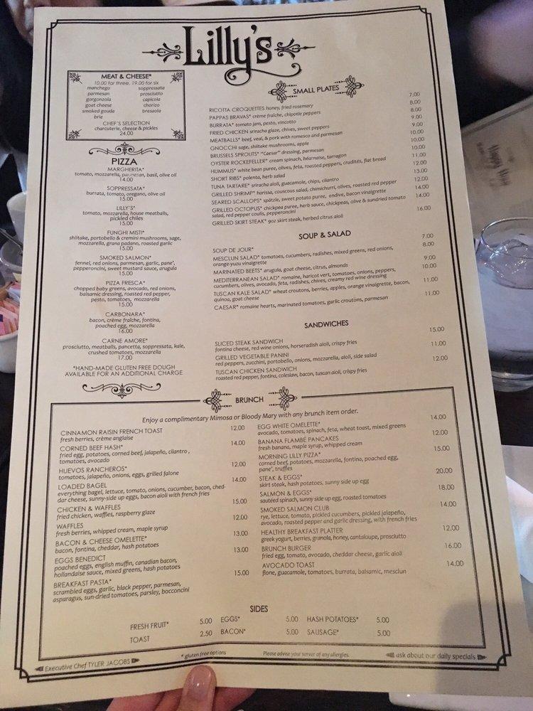 Menu at Lilly's restaurant, White Plains