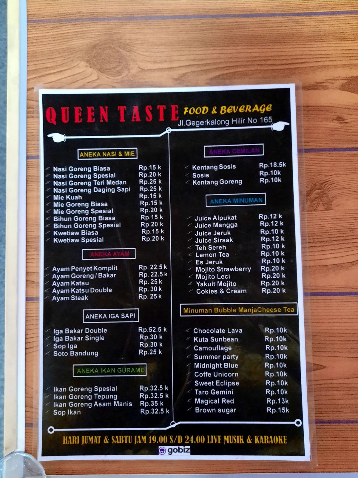 Menu at Queen taste cafe, Bandung