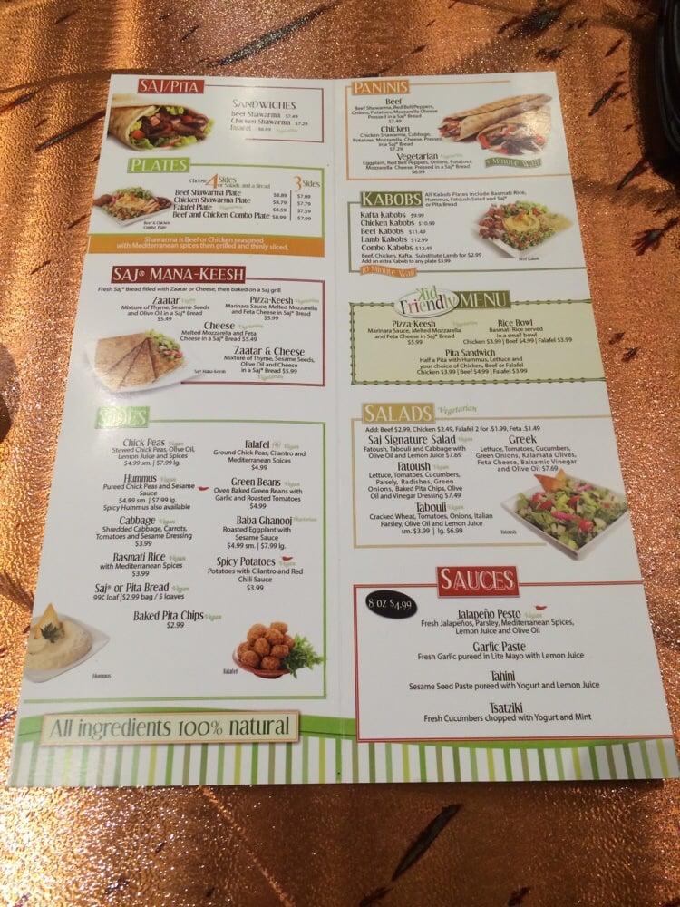 Menu at Saj Fresh Grill restaurant, Aurora, S Parker Rd