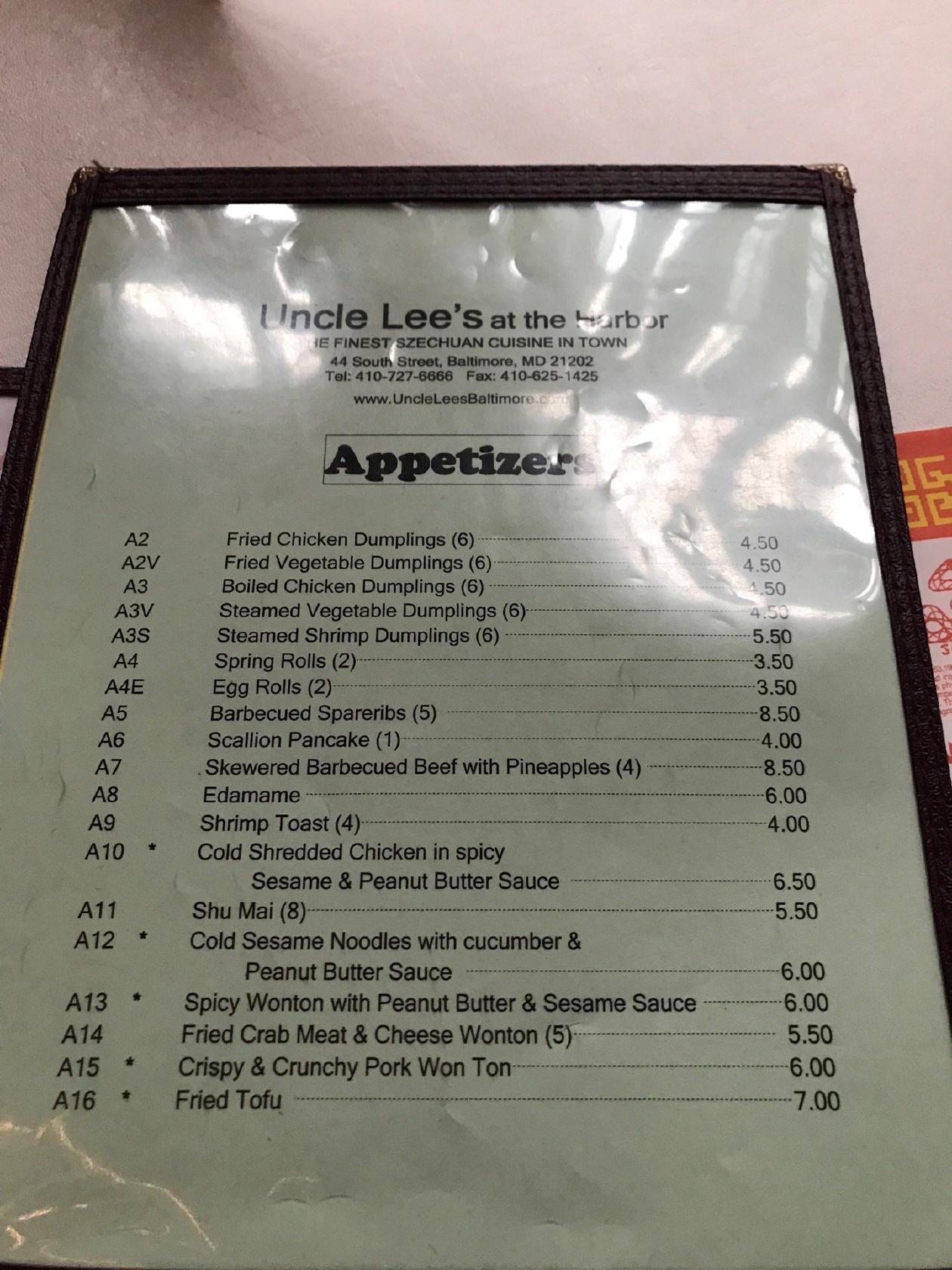 Menu at Uncle Lee's Harbor Restaurant, Baltimore