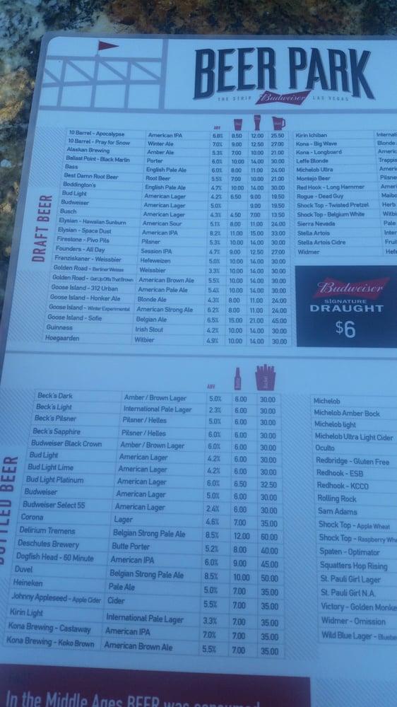 Menu at Beer Park pub & bar, Las Vegas, S Las Vegas Blvd