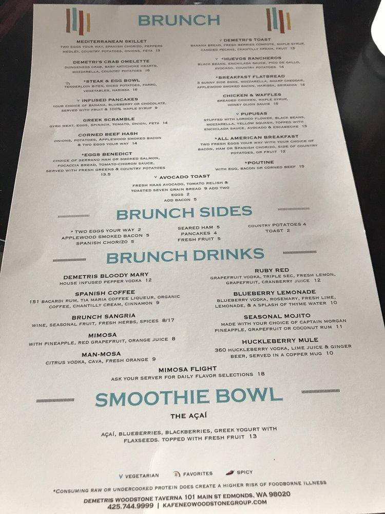 Menu at Demetris Woodstone Taverna pub & bar, Edmonds