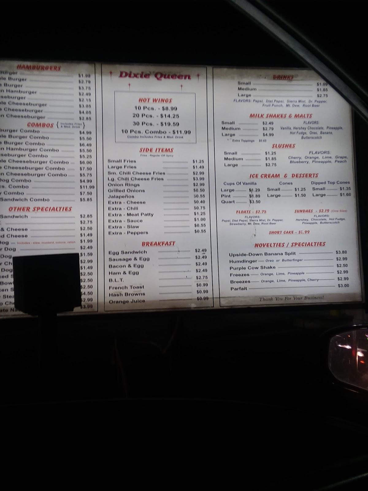 Menu at Dixie Queen restaurant, Memphis, S 3rd St
