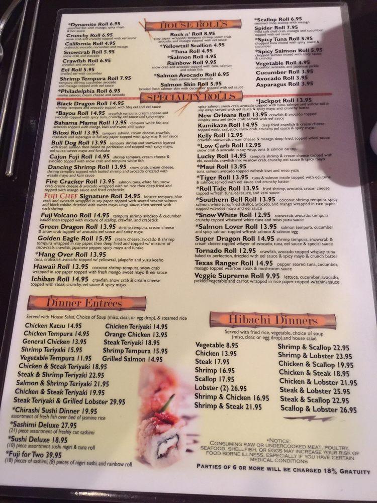 Menu at Fuji Sushi House restaurant, Biloxi