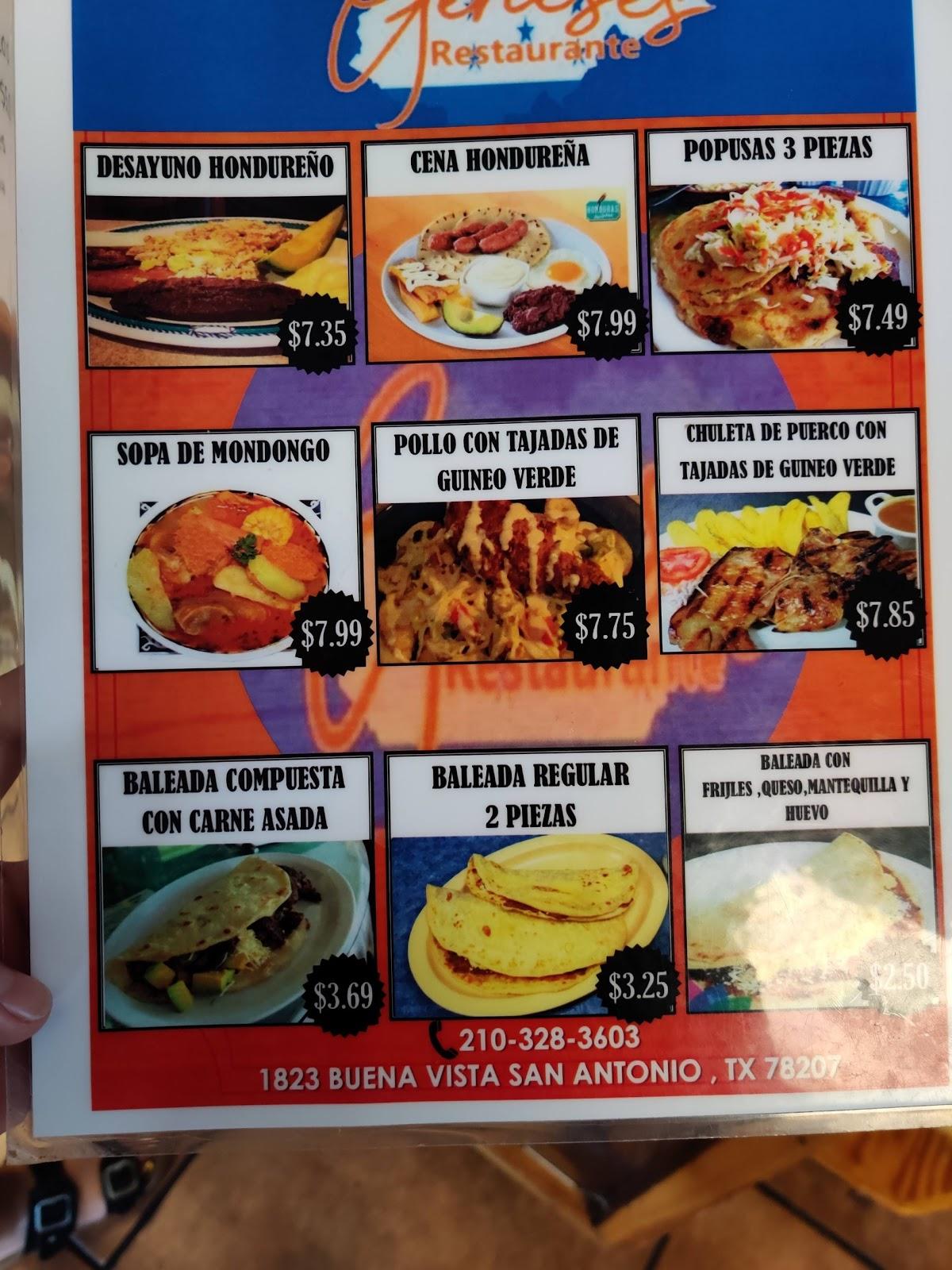 Menu at Geneses Honduran Restaurant, San Antonio