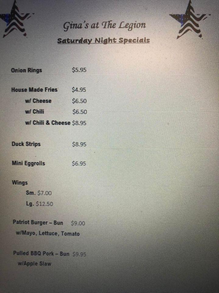 Menu at Gina's At the Legion restaurant, Thibodaux