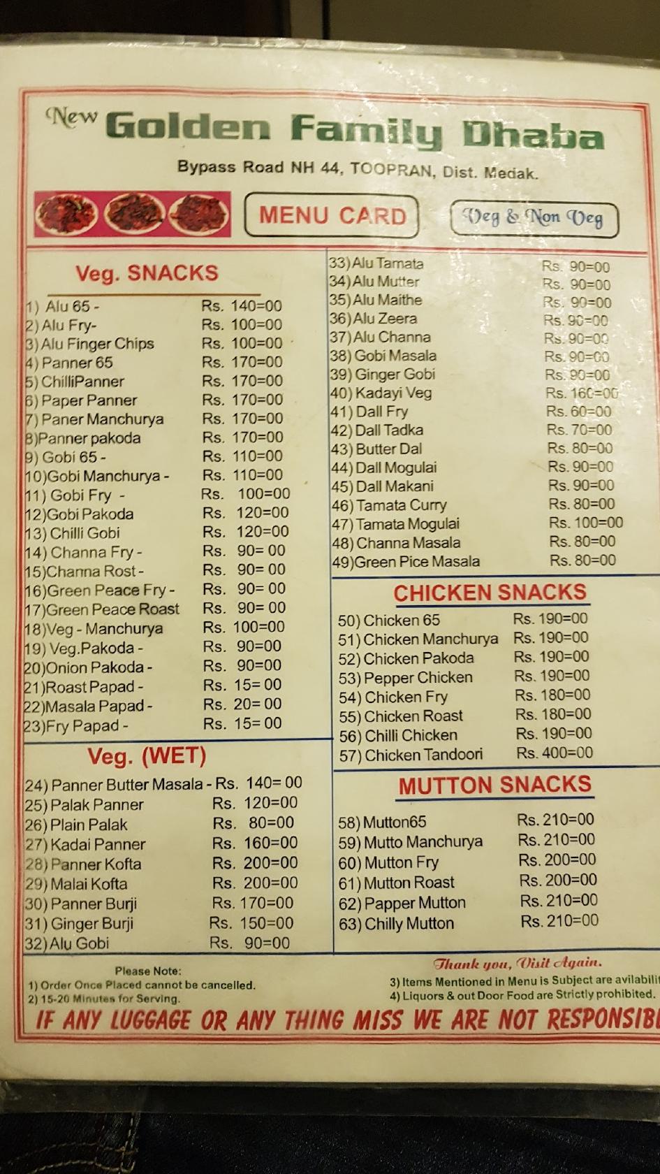 Menu at Golden Family Restaurant, Masaipet