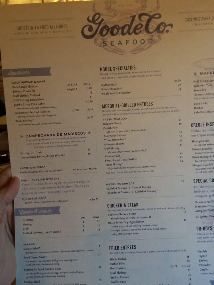 Menu at Goode Company Seafood steakhouse, Houston, Westpark Dr