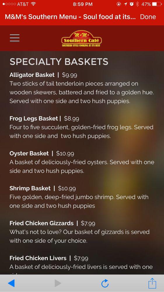Menu at M&M's Southern Café restaurant, Sparks