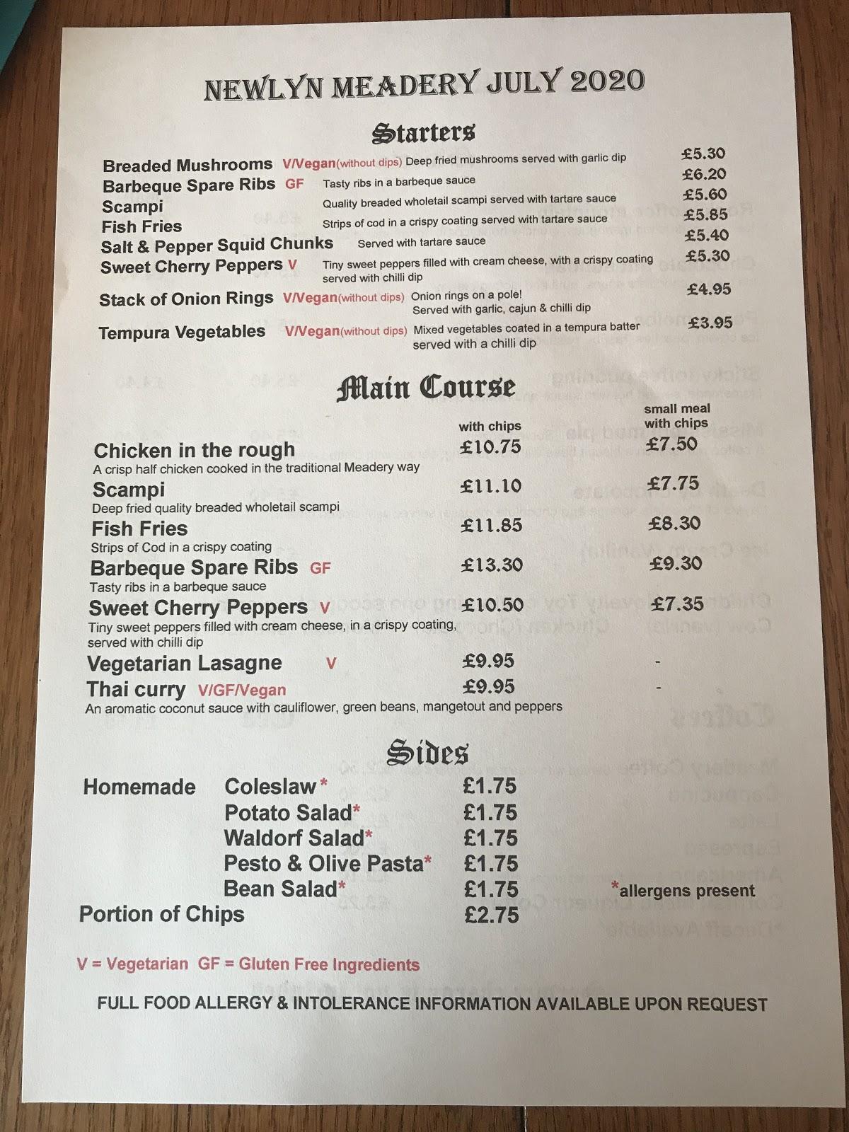 Menu at Newlyn Meadery Ltd restaurant, Penzance