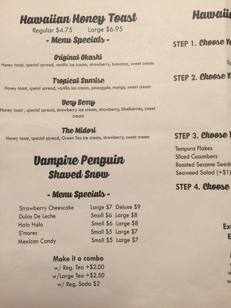 Menu at Okashi Fusion restaurant, Vacaville
