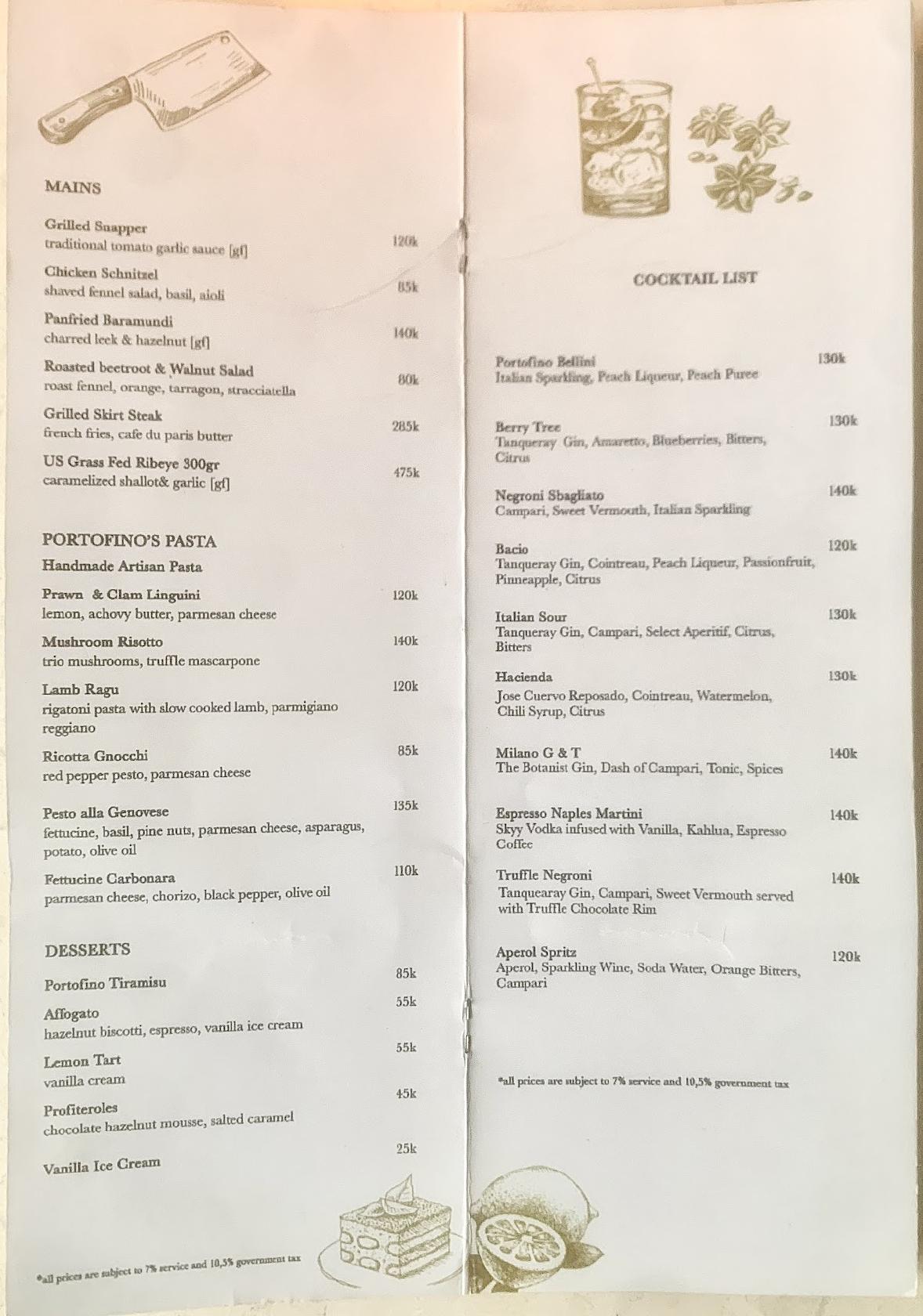 Menu at Portofino Ubud restaurant, Ubud