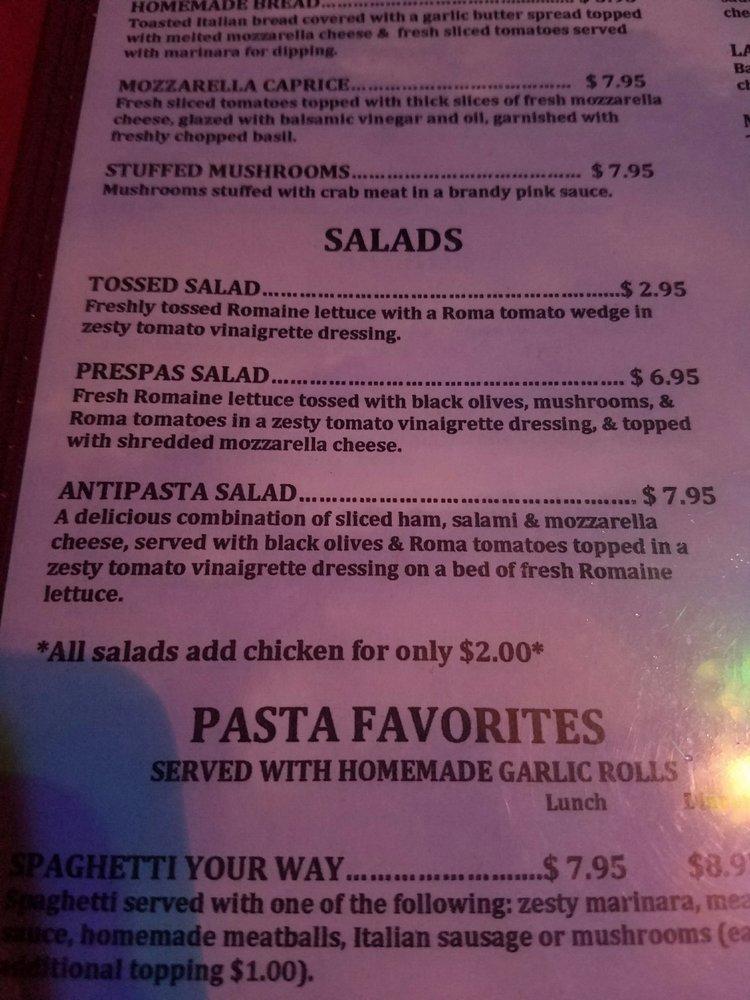 Menu at Prespa's Italian Restaurant 1, Arlington, W Arkansas Ln