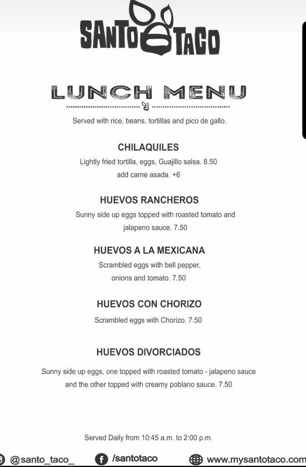 Menu at Santo Taco restaurant, Valparaiso