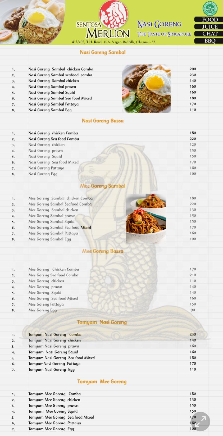 Menu at Sentosa Merlion Nasi Goreng, Chennai