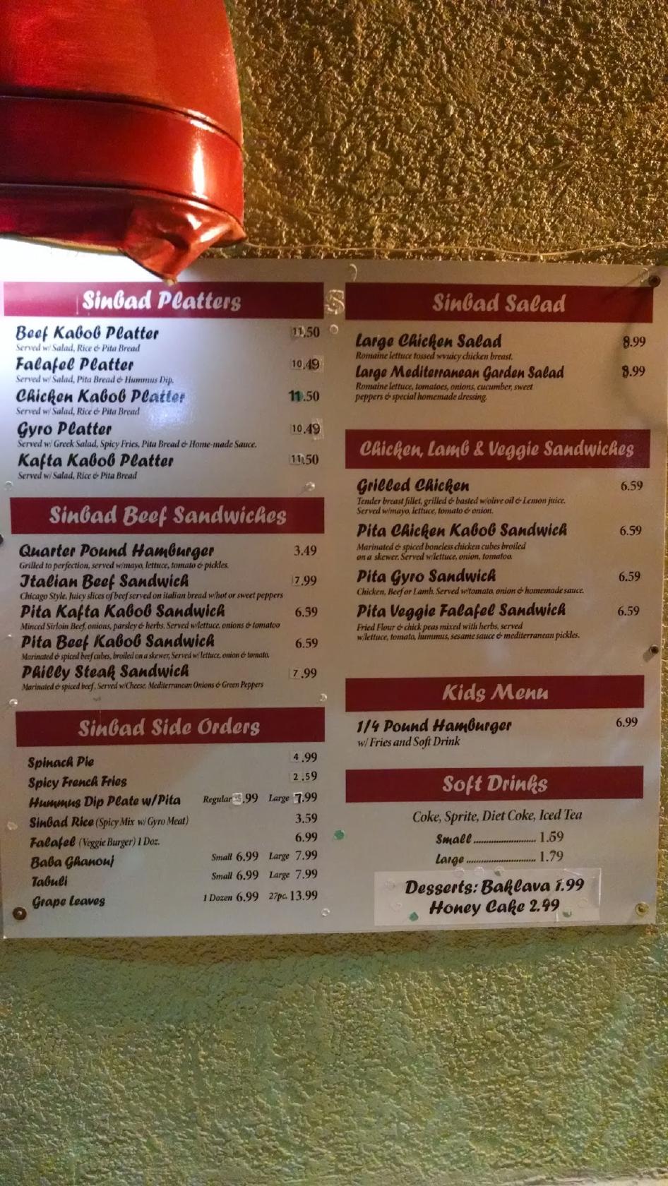 Menu at Sinbad's Fast Food, Merritt Island