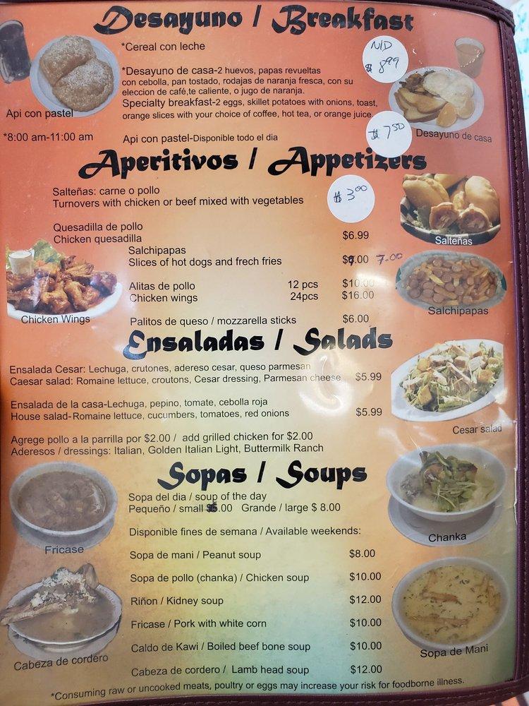 Menu at The Bolivian Sabor restaurant, Springfield