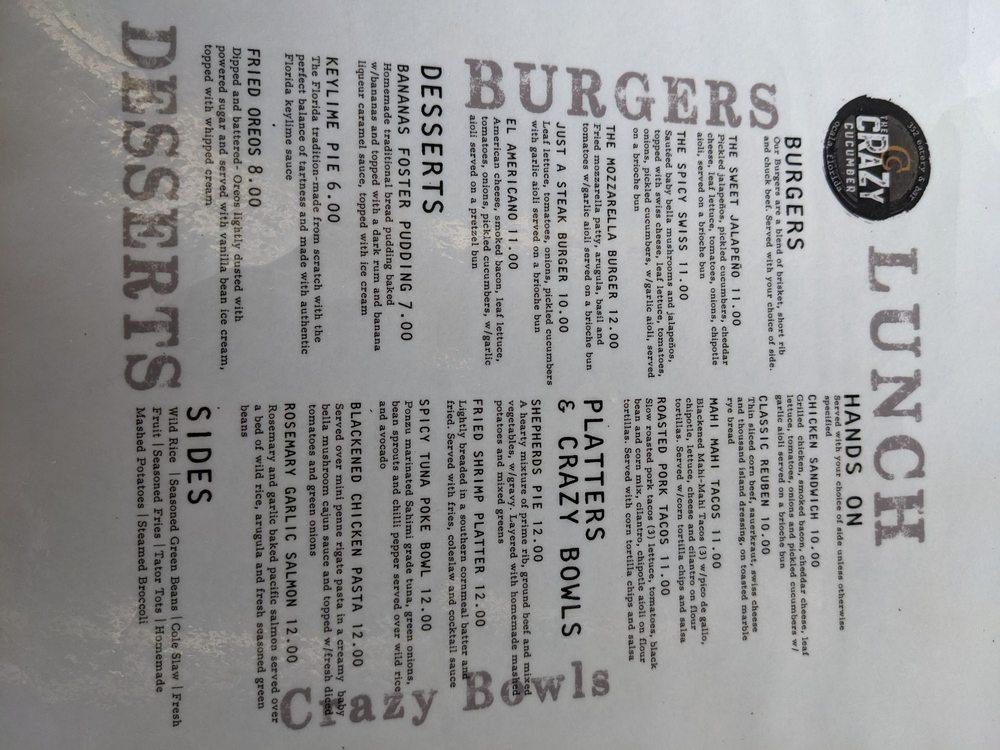 Menu at The Crazy Cucumber 352 Eatery and Bar, Ocala, SW College Rd #1910