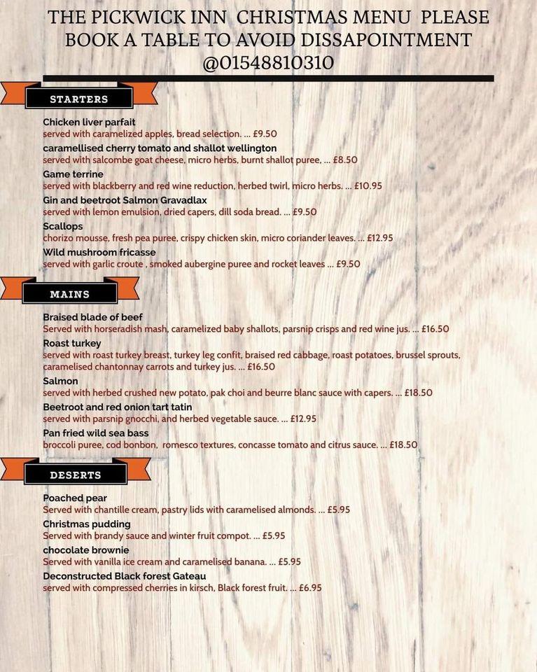 Menu at The Pickwick Inn & B&B pub & bar, Bigbury-on-Sea