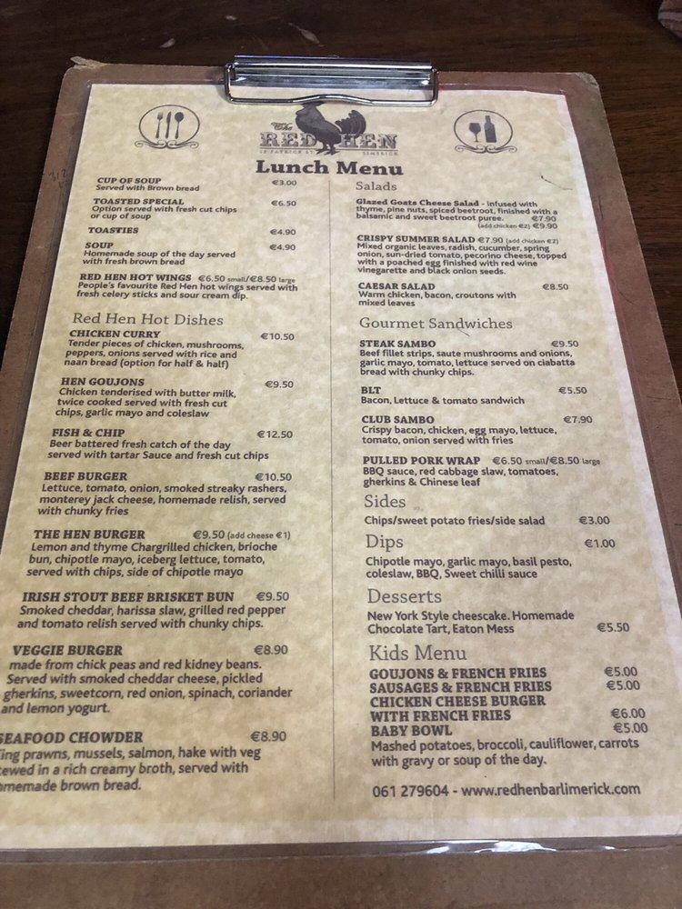 Menu at The Red Hen pub & bar, Limerick