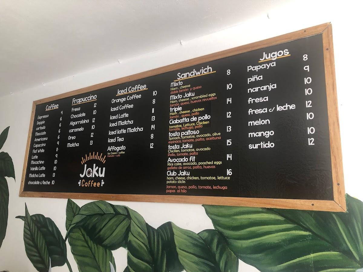 Carta de cafetería jaku coffee, Huacachina
