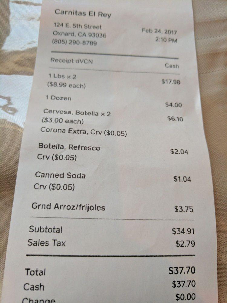Menu at Carnitas El Rey restaurant, Oxnard, 124 E 5th St