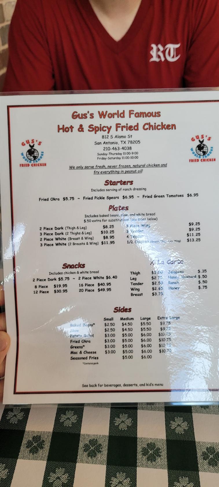 Carta del restaurante Gus’s World Famous Fried Chicken, San Antonio