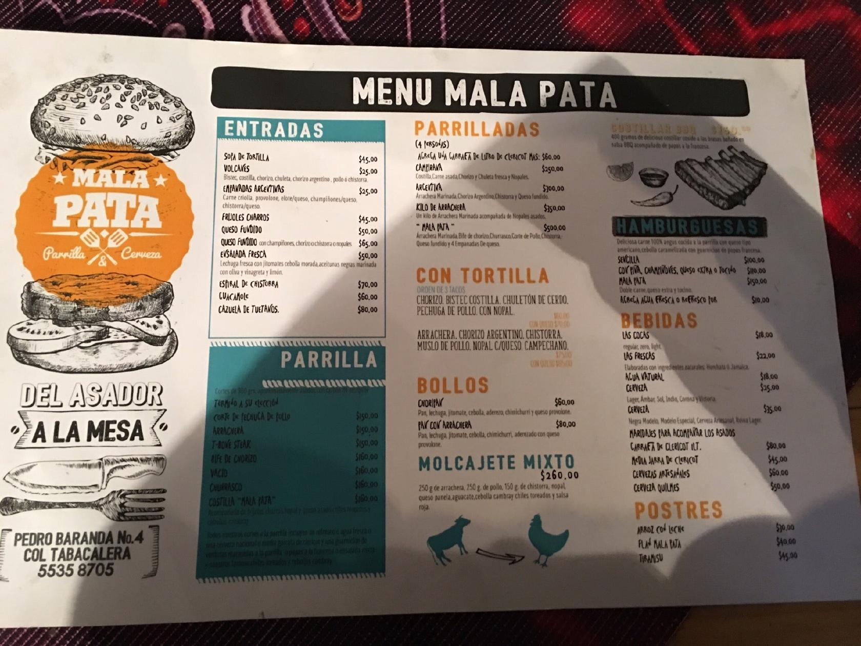 Carta del pub y bar Mala Pata, Ciudad del México