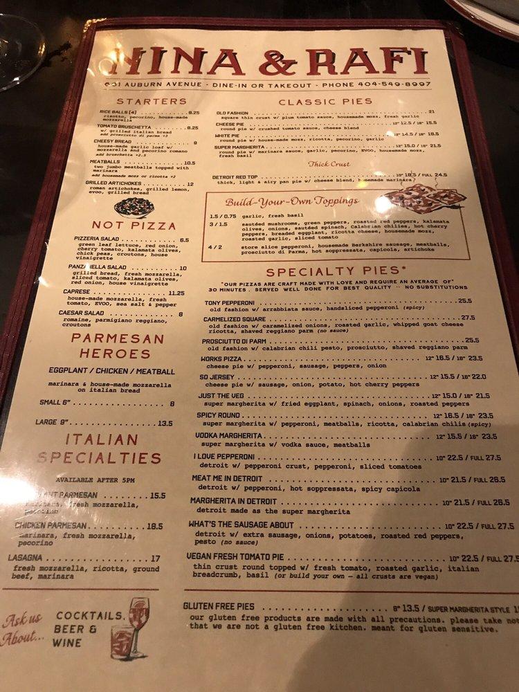 Menu at Nina & Rafi pizzeria, Atlanta