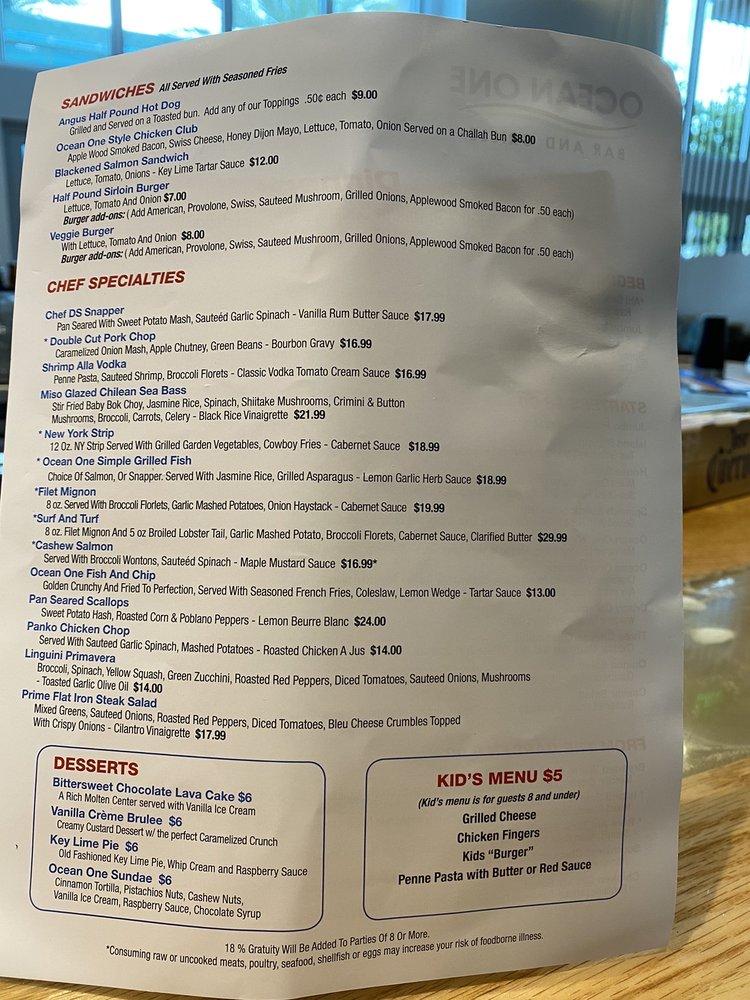 Menu at Ocean One Bar & Grille, Dania Beach