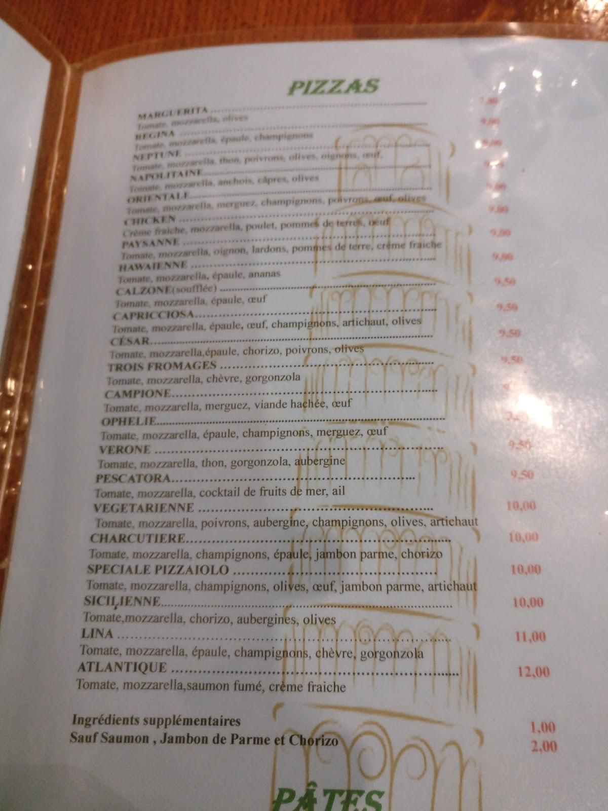 Menu at Relais Parmentier (Pizza Lina) restaurant, Paris