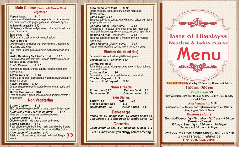 Menu at Taste of Himalayas restaurant, Surrey