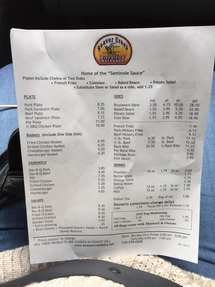 Menu at Beaver Creek Biscuit Company and Barbecue, Lithia Springs
