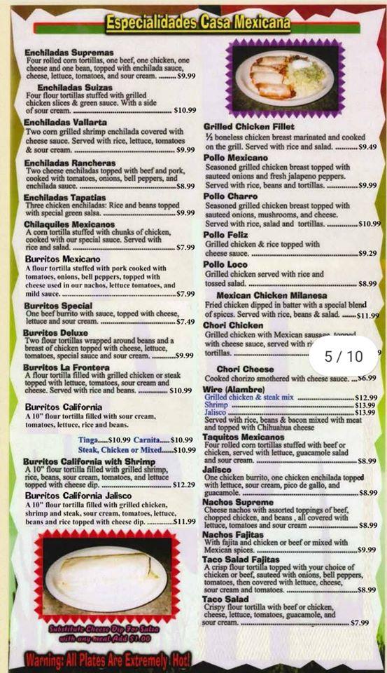 Menu at Casa Mexicana restaurant, Bloomer