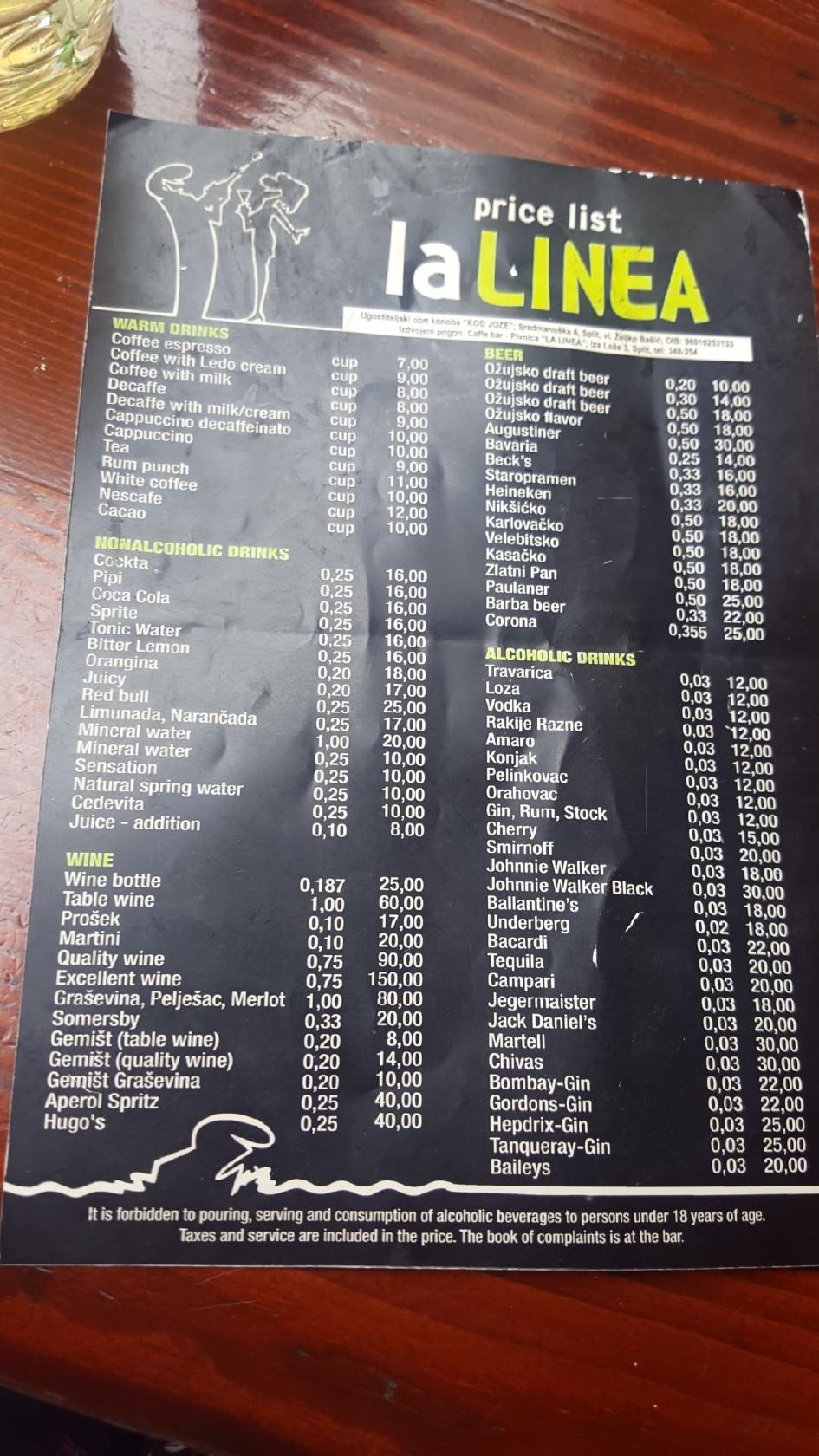 Carta de Caffe bar La Linea, Split