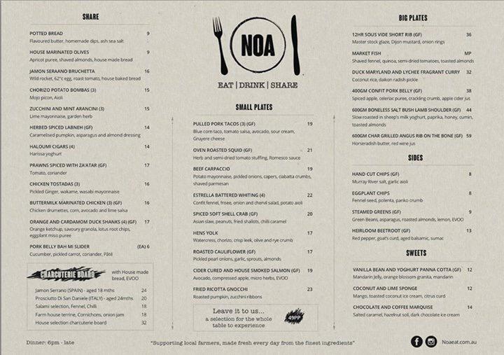 Menu at NOA Eat Drink Share pub & bar, Edge Hill