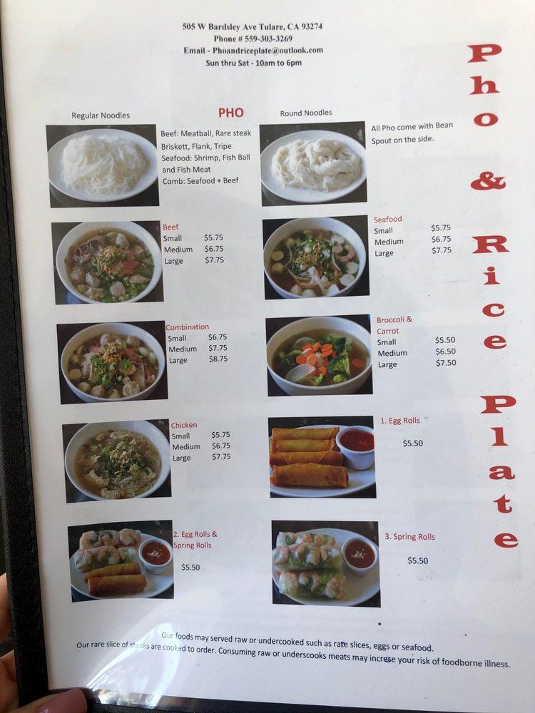 Menu at Pho and Rice Plate restaurant, Tulare