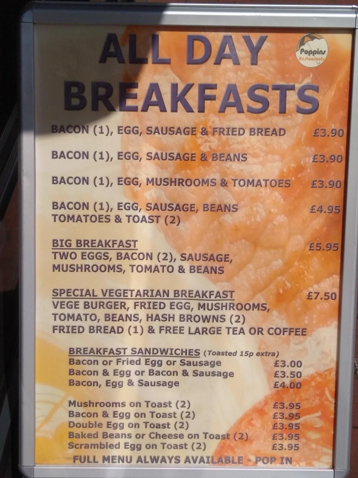 Menu at Poppins restaurant, Royal Tunbridge Wells