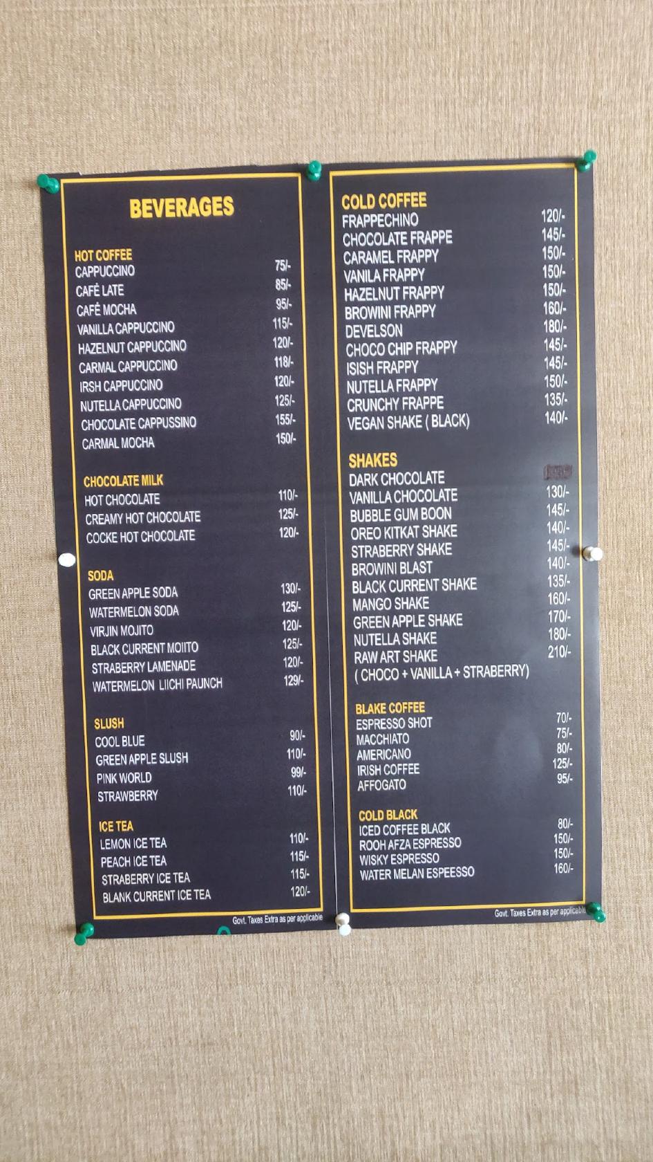Menu at Raw coffee shop, Kishangarh