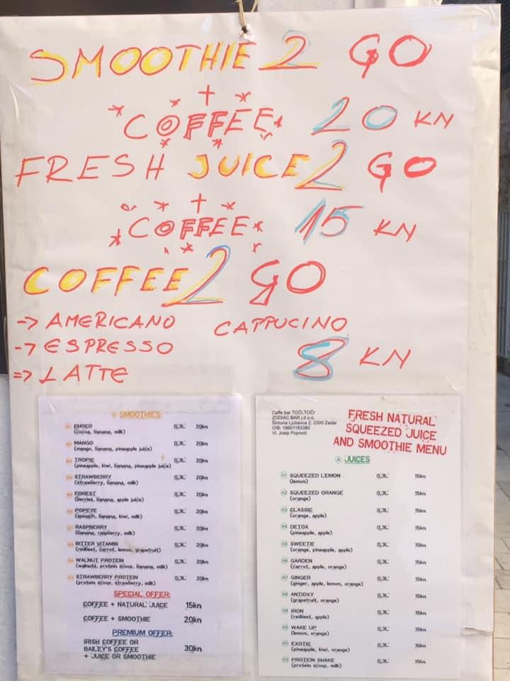Menu at Toči Toči Bar, Zadar
