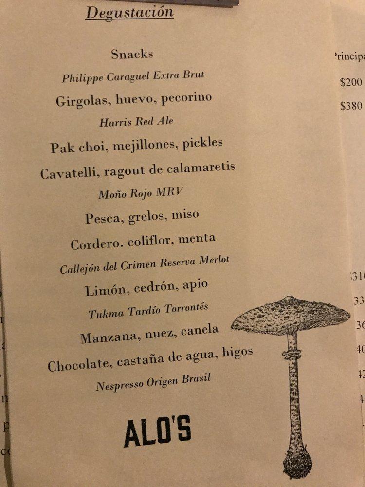 Menu at Alo's Bistro restaurant, San Isidro, Blanco Encalada 2120