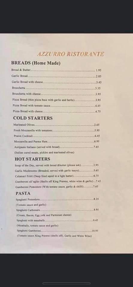 Menu at Azzurro Restaurant Pizzeria, Arbroath
