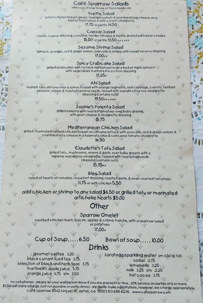 Menu at Café Sparrow restaurant, Aptos
