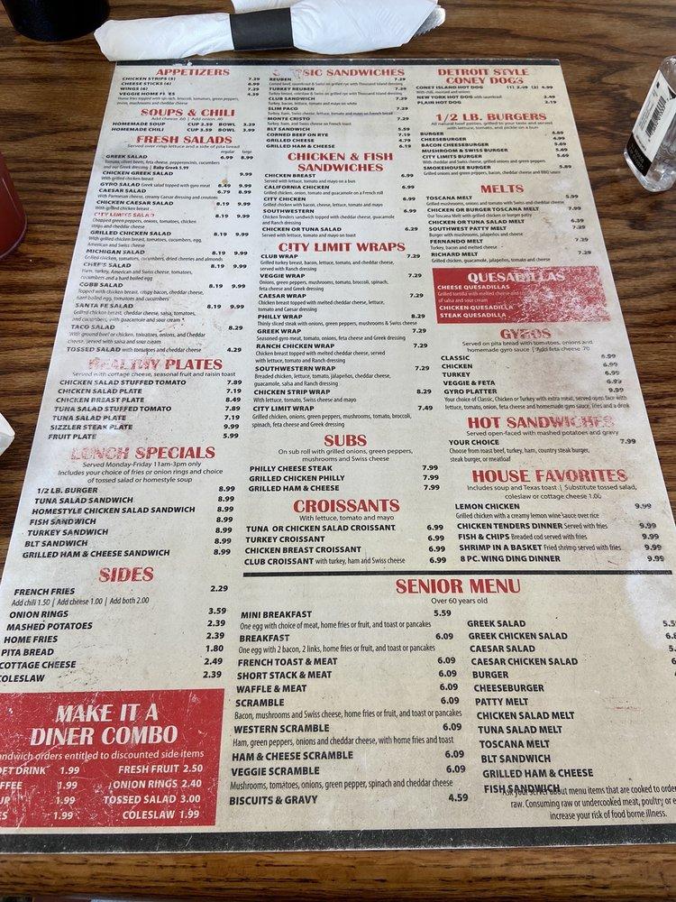 Menu at City Limits Diner restaurant, Saline