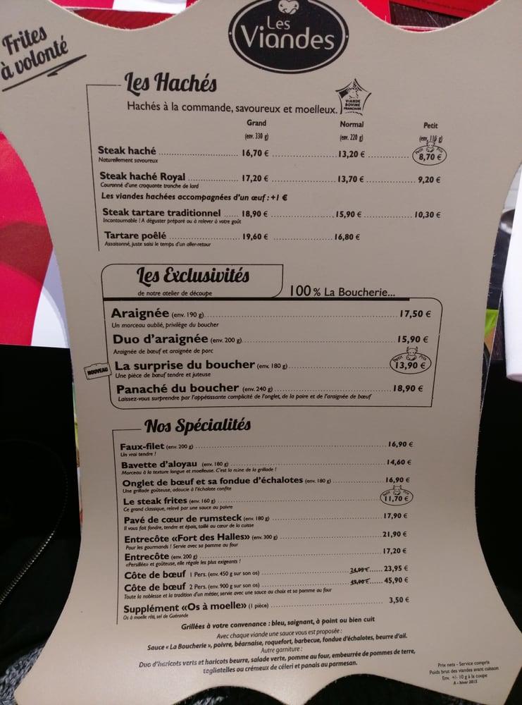 Menu at La Boucherie steakhouse, Dardilly