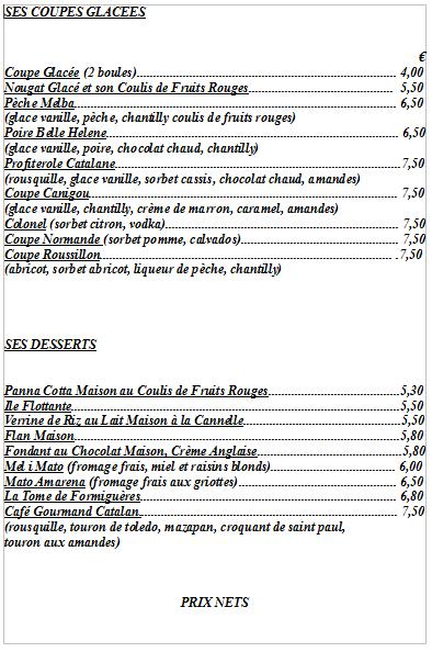 Menu at La Tapenade restaurant, Formiguères