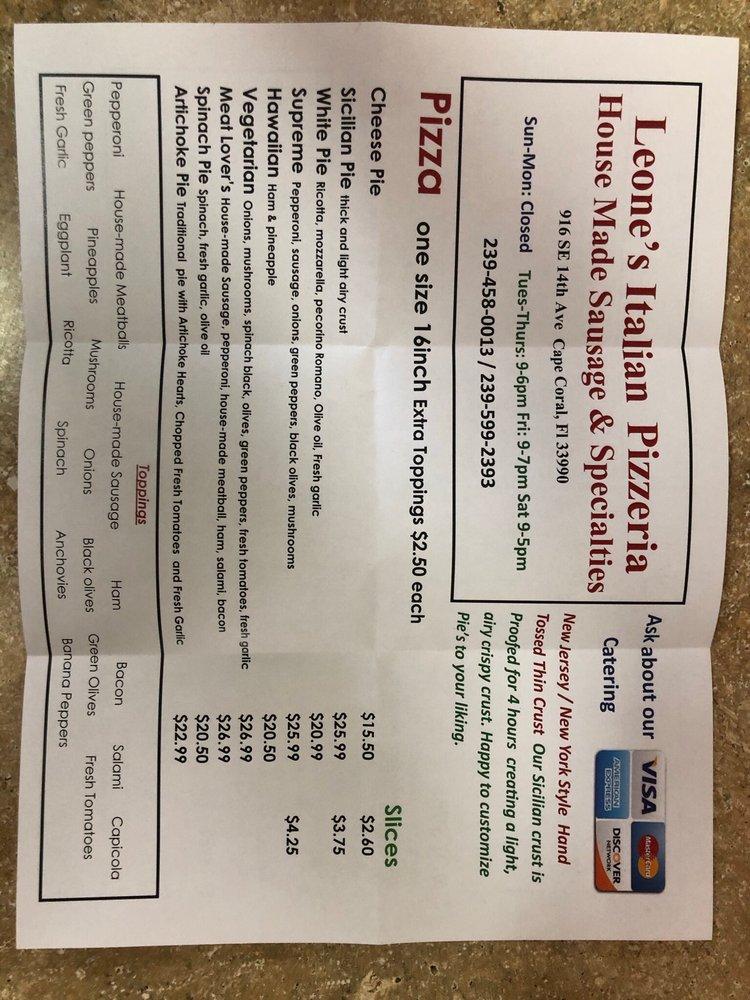 Menu at Leone Italian Food Specialty pizzeria, Cape Coral