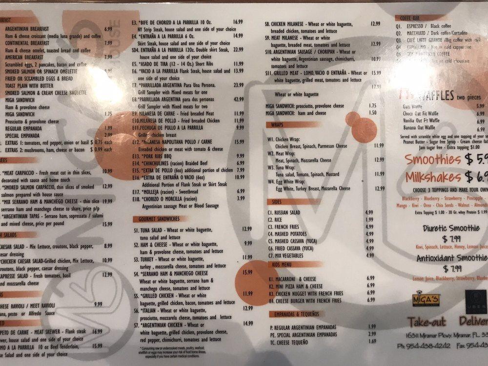Menu at Miga's Steakhouse, Miramar