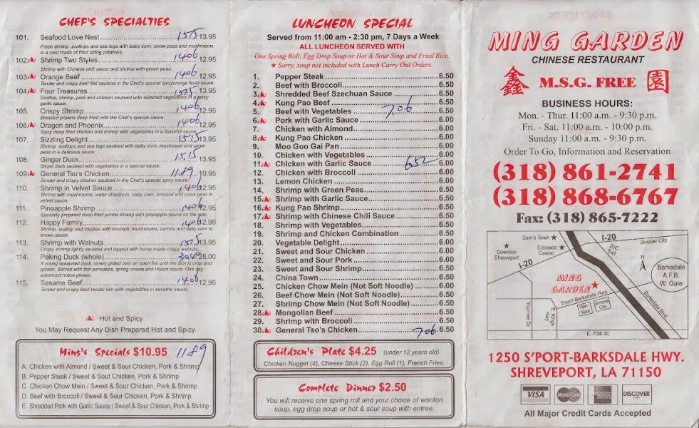 Menu at Ming Garden restaurant, Shreveport